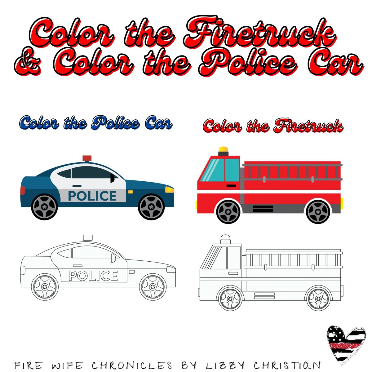Color the Firetruck & Police Car Worksheets for Kids