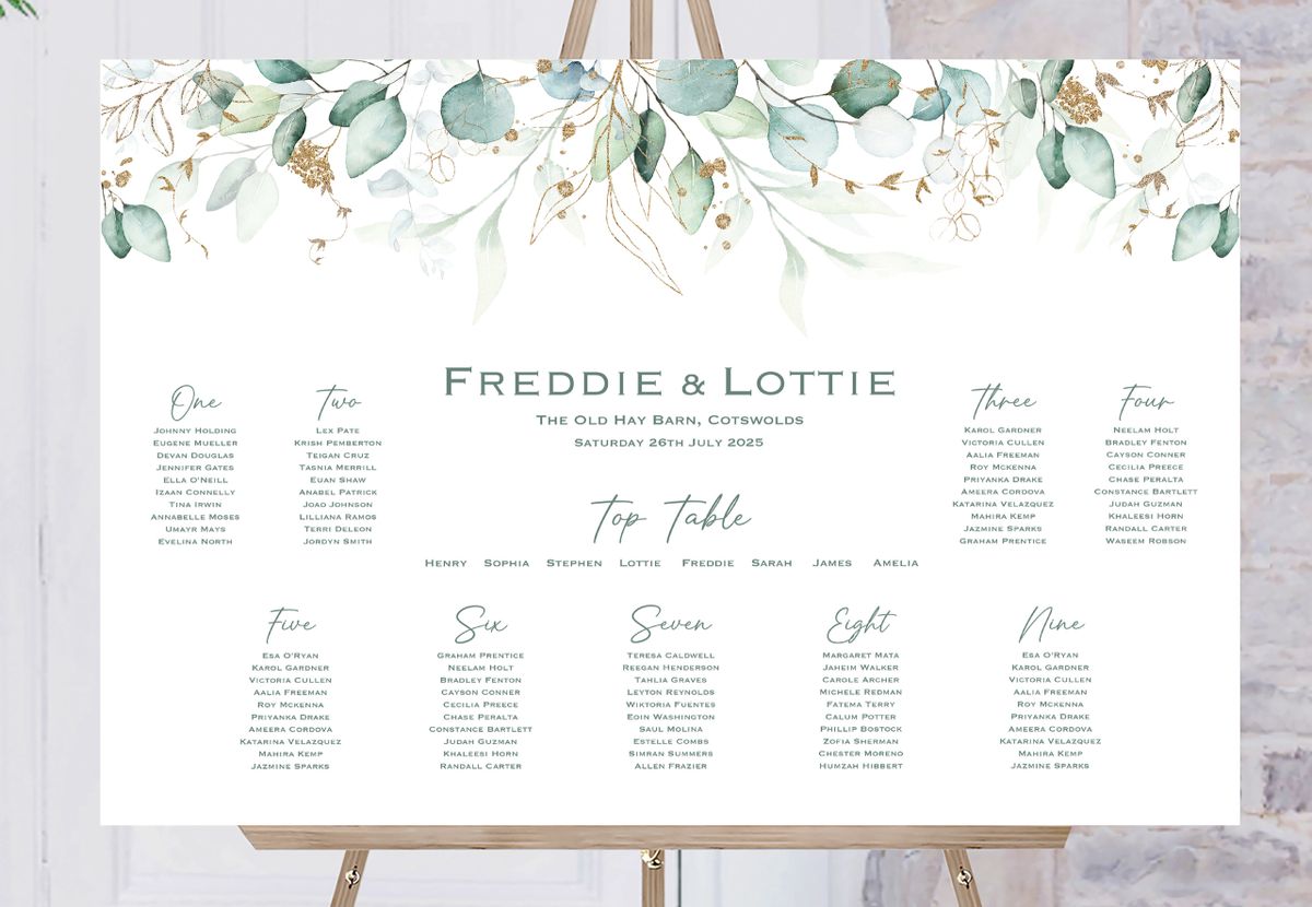 Green & Gold Leaf Wedding Table Plan