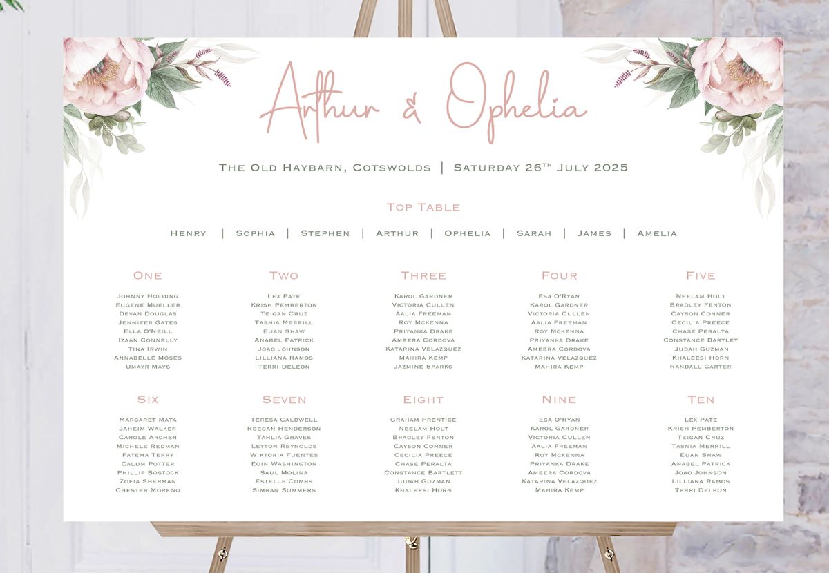 Blush Pink Floral Wedding Table Plan