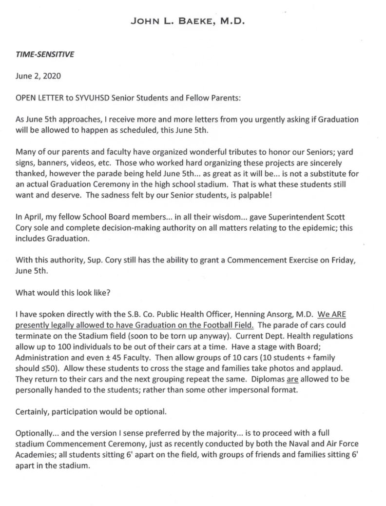 OPEN LETTER TO PARENTS & SR. STUDENTS on GRADUATION