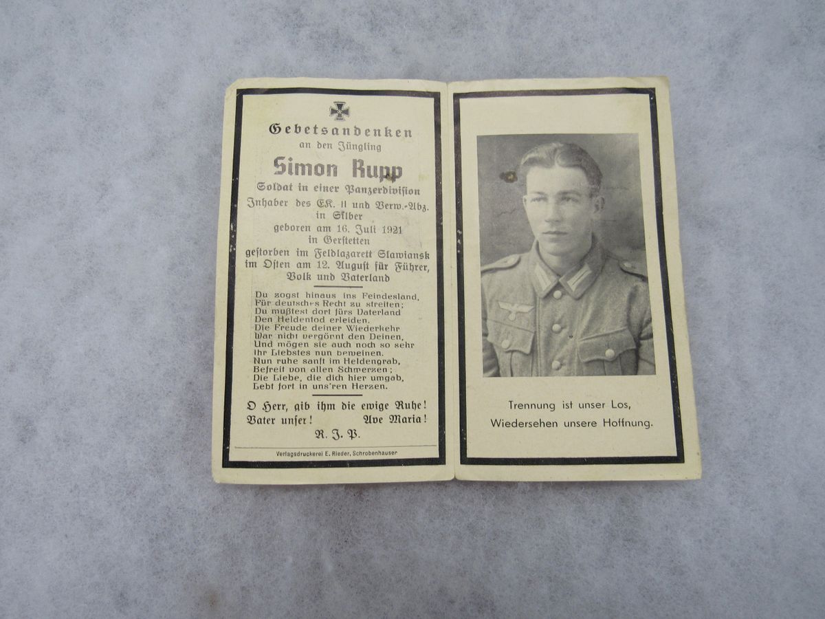 WWII German Army Death Card to Simon Rupp