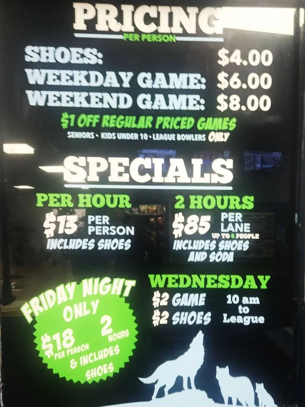 Pricing - Timber Wolfe Lanes - Oxford, Pennsylvania