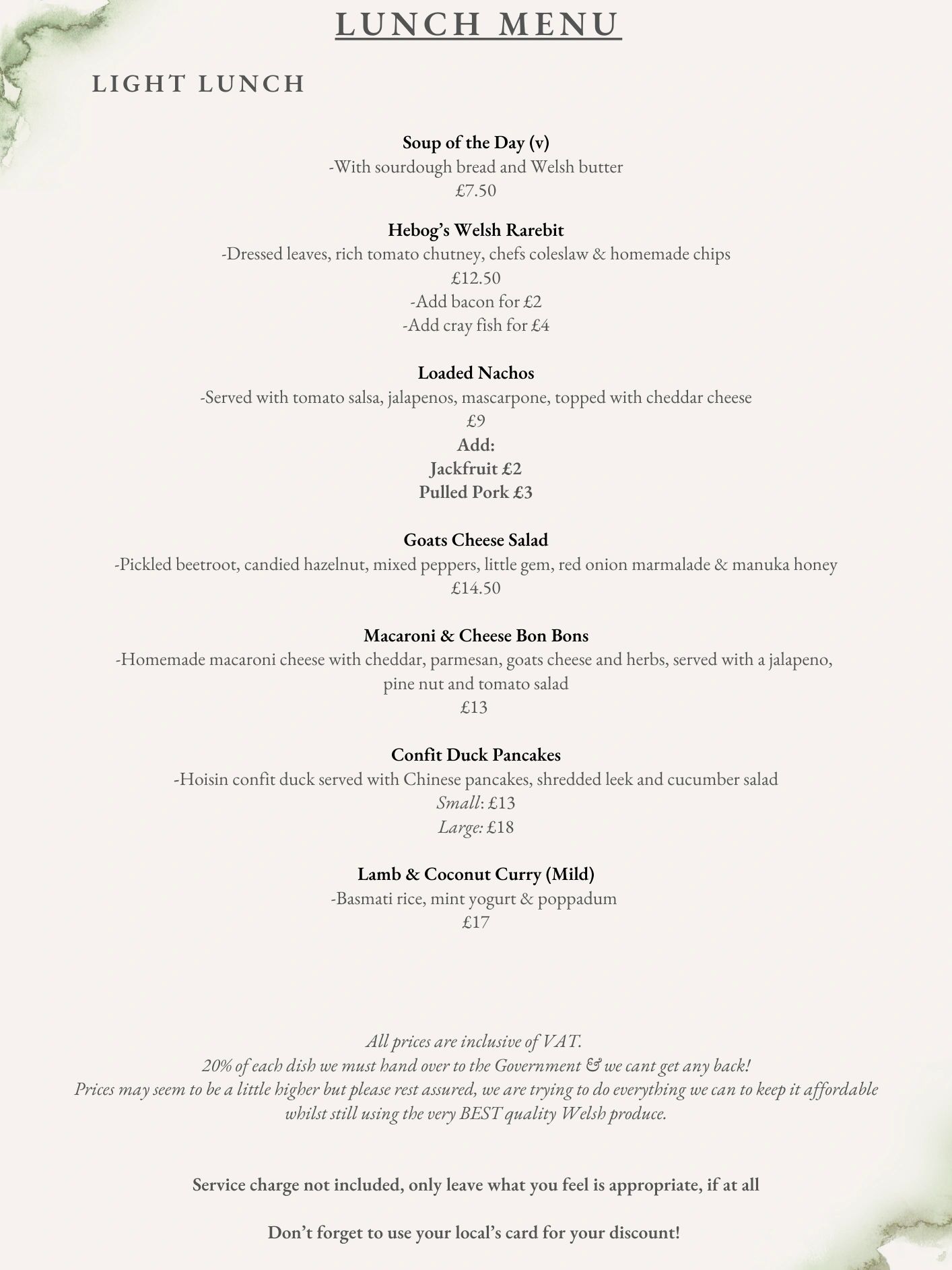 Lunch Menu | Y Bistro Yn Yr Hebog