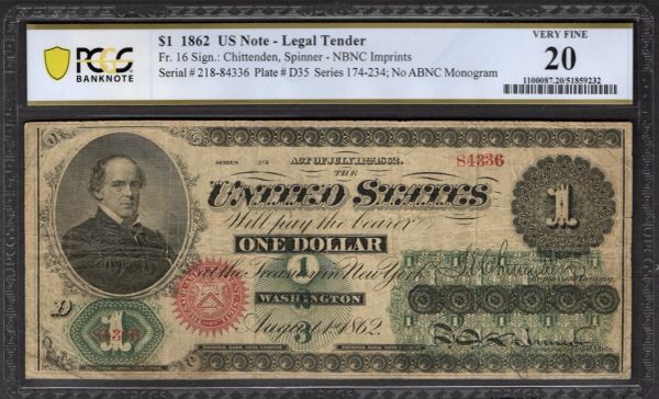 1862 $1 Legal Tender PCGS 20 Fr.16 Item #51859232