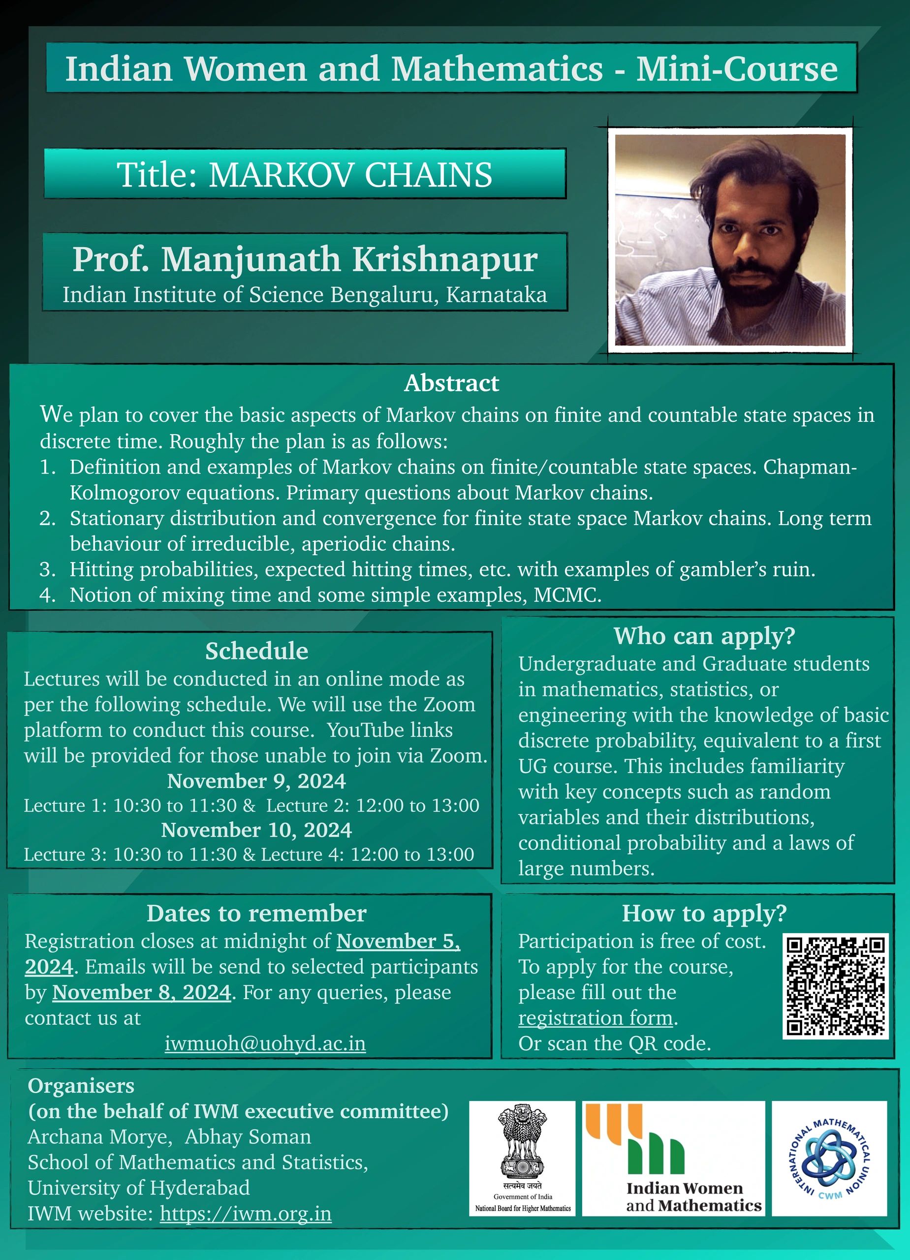 Markov Chains: Mini course by Manjunath Krishnapur