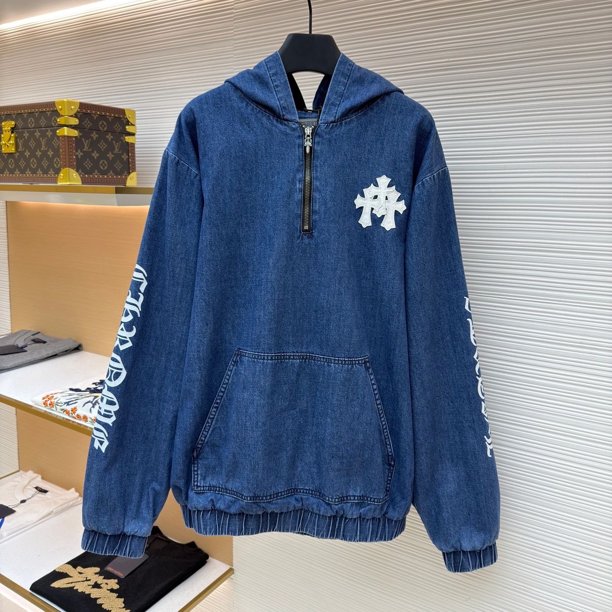 Chrome Hearts Ruckus Hooded Denim Cross Patch Jacket