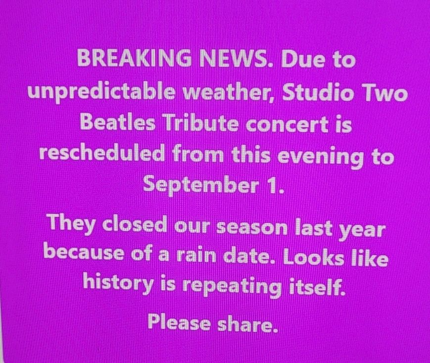 Cancelled - rain date 9/1 at 6pm