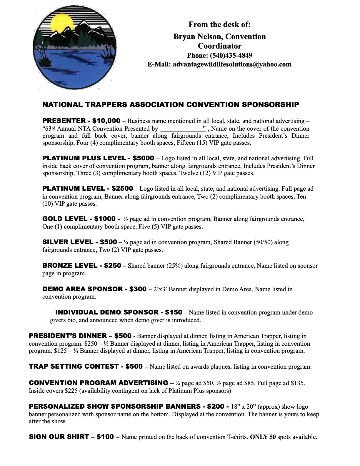 National Trappers Association convention sponsorship open