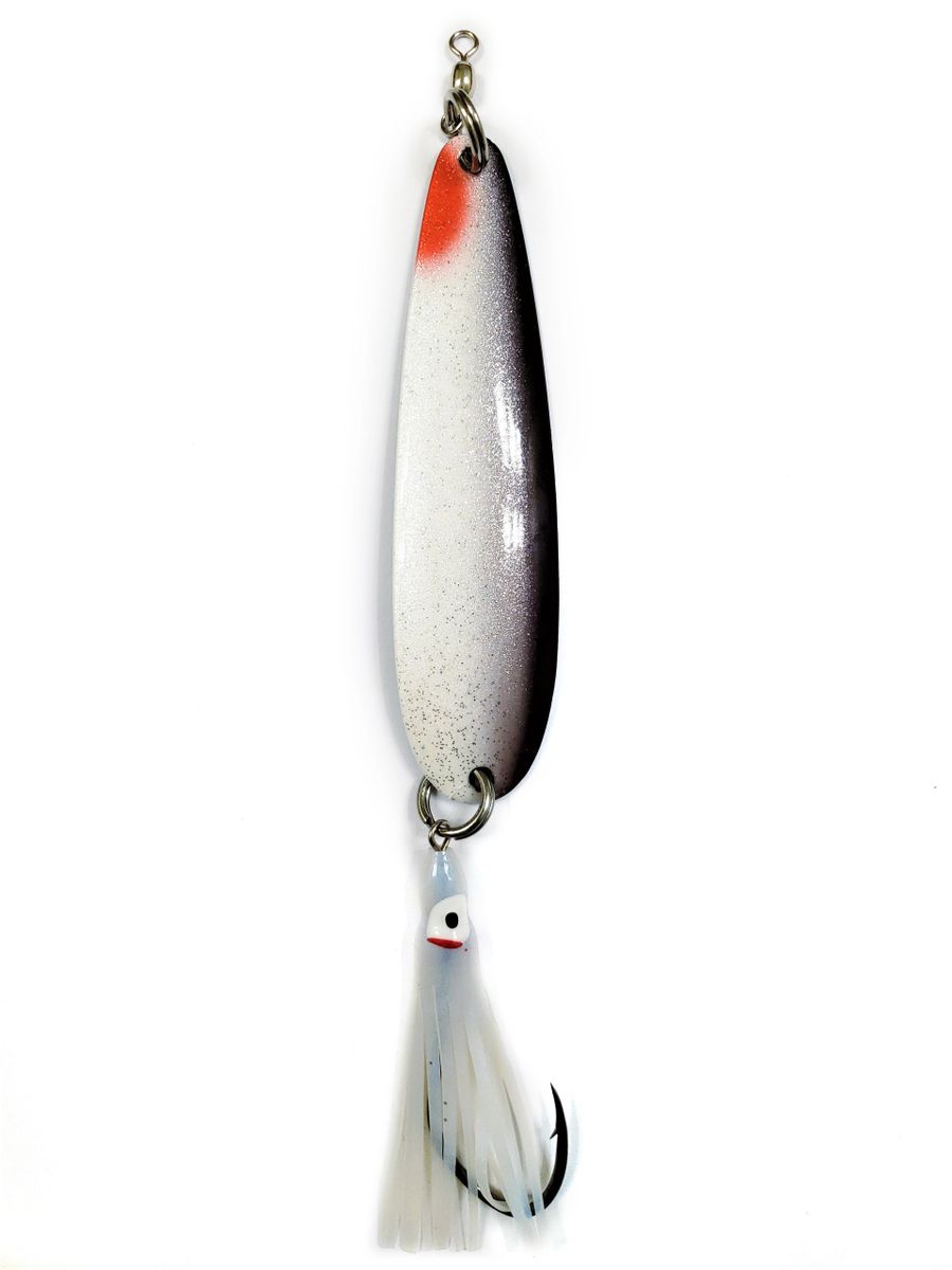 0723-1590 McOmie's 3 7/8" UV Salmon Spoon Silver Shiner Herring w/Hoochie
