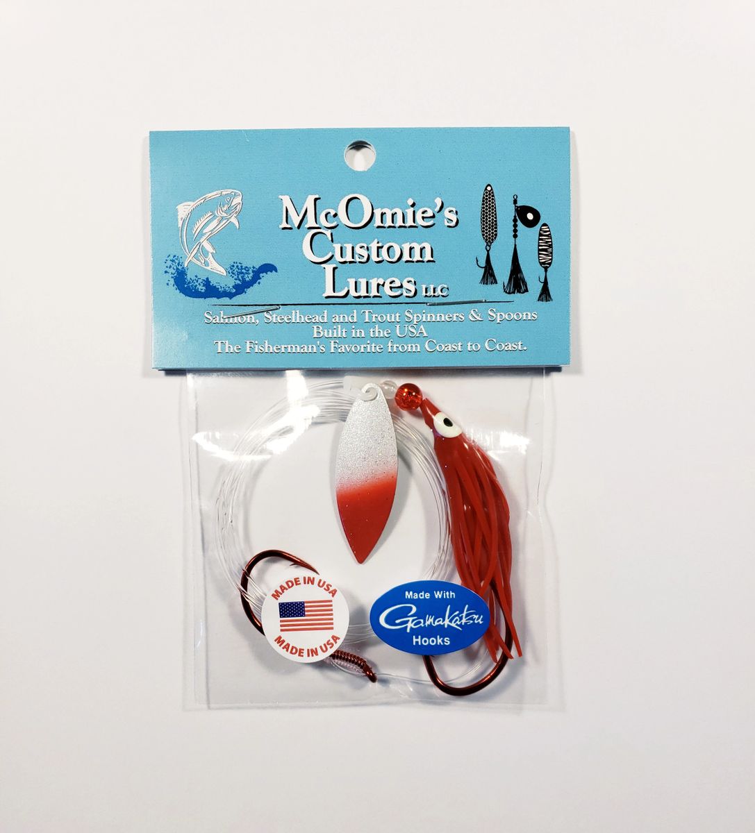 1709-3500 McOmie's 4/0, 5/0 Double Hook Salmon Rig "Blood Red/Pearl"
