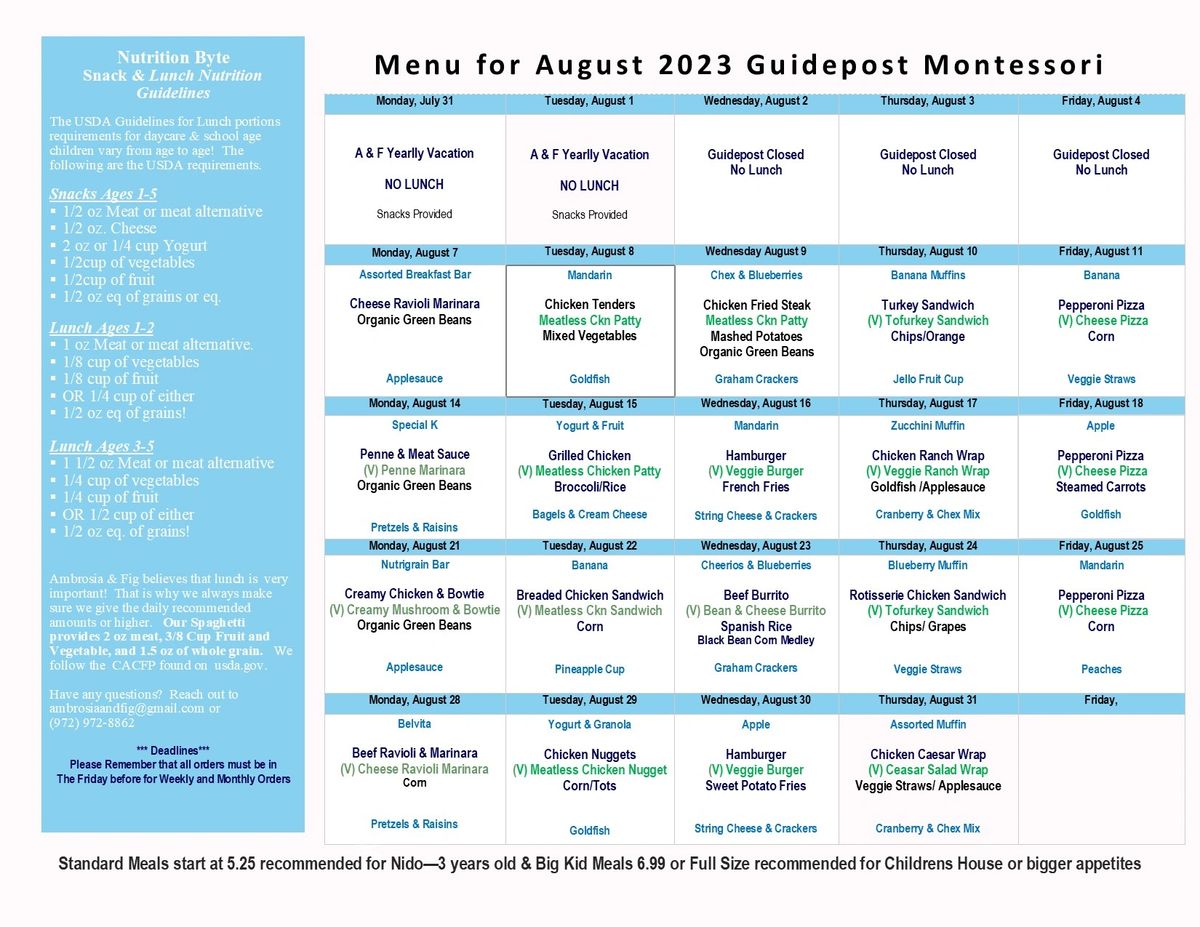 Guidepost Montessori 5 Day Monthly Meal Plan October