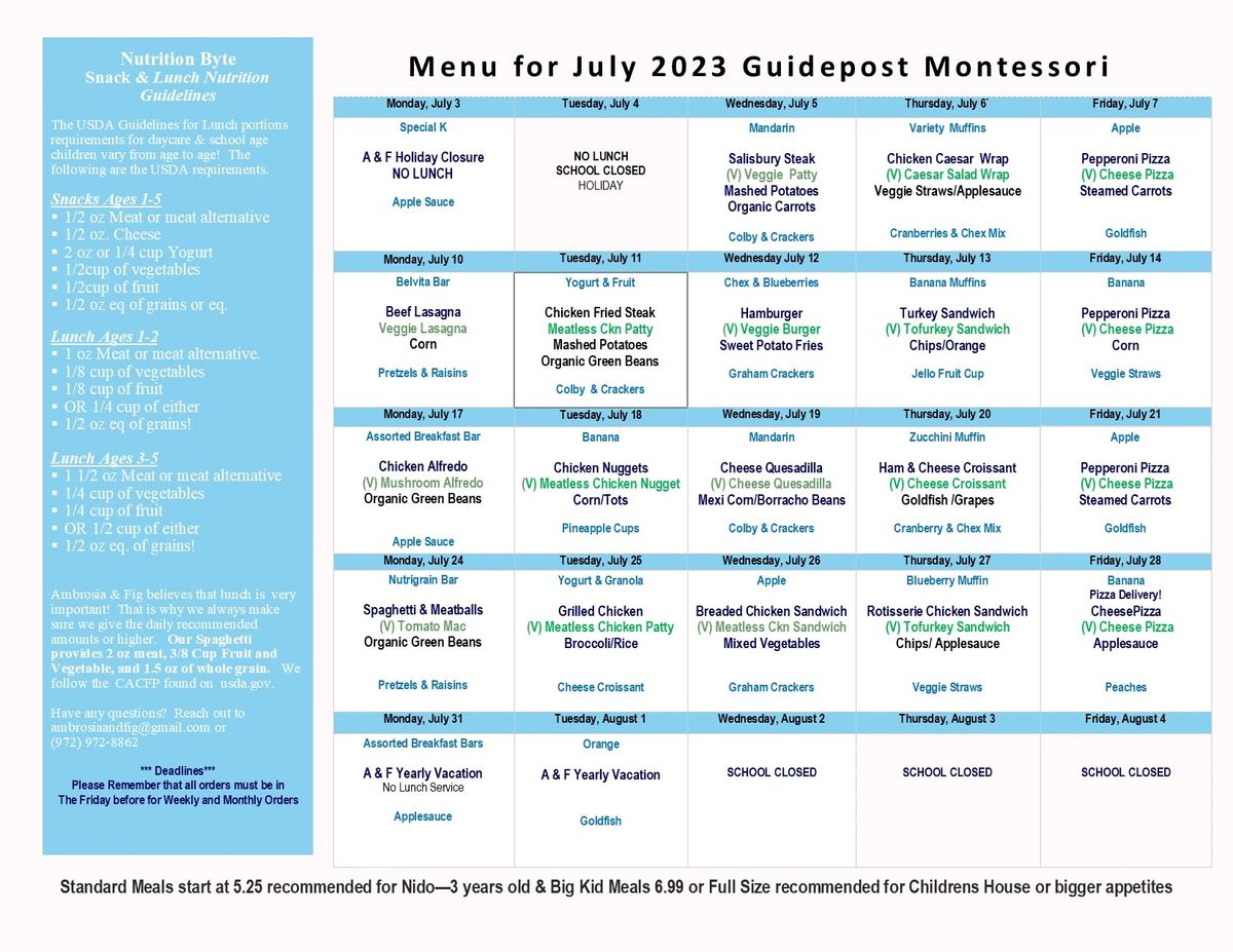 Guidepost Montessori 5 Day Monthly Meal Plan August 7-31st