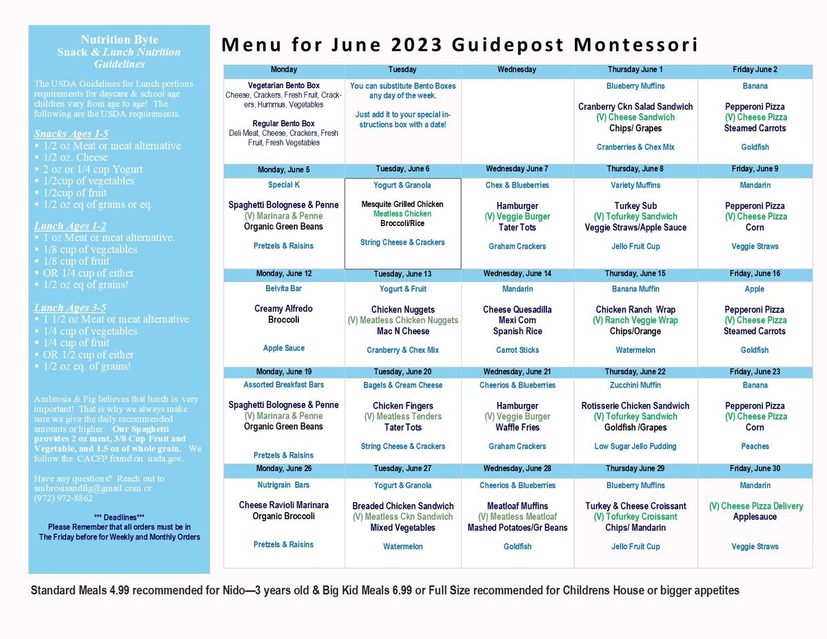 Guidepost Montessori 3 Day Monthly Meal Plan July