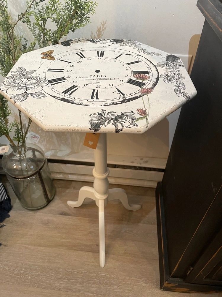 SOLD Vintage Clock Face Hand Painted Tilt Top Table