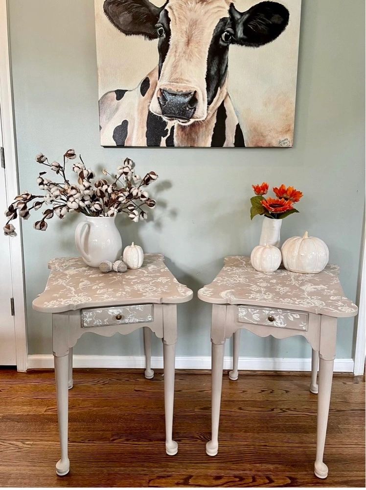 SOLD Grisaille Toile Hand Painted End Tables. Tables Sold Separately.
