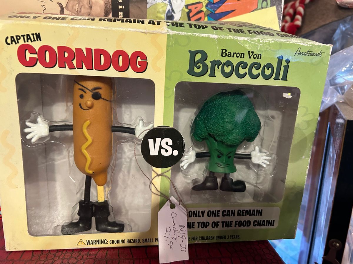 corn dog versus broccoli, bendable figurines