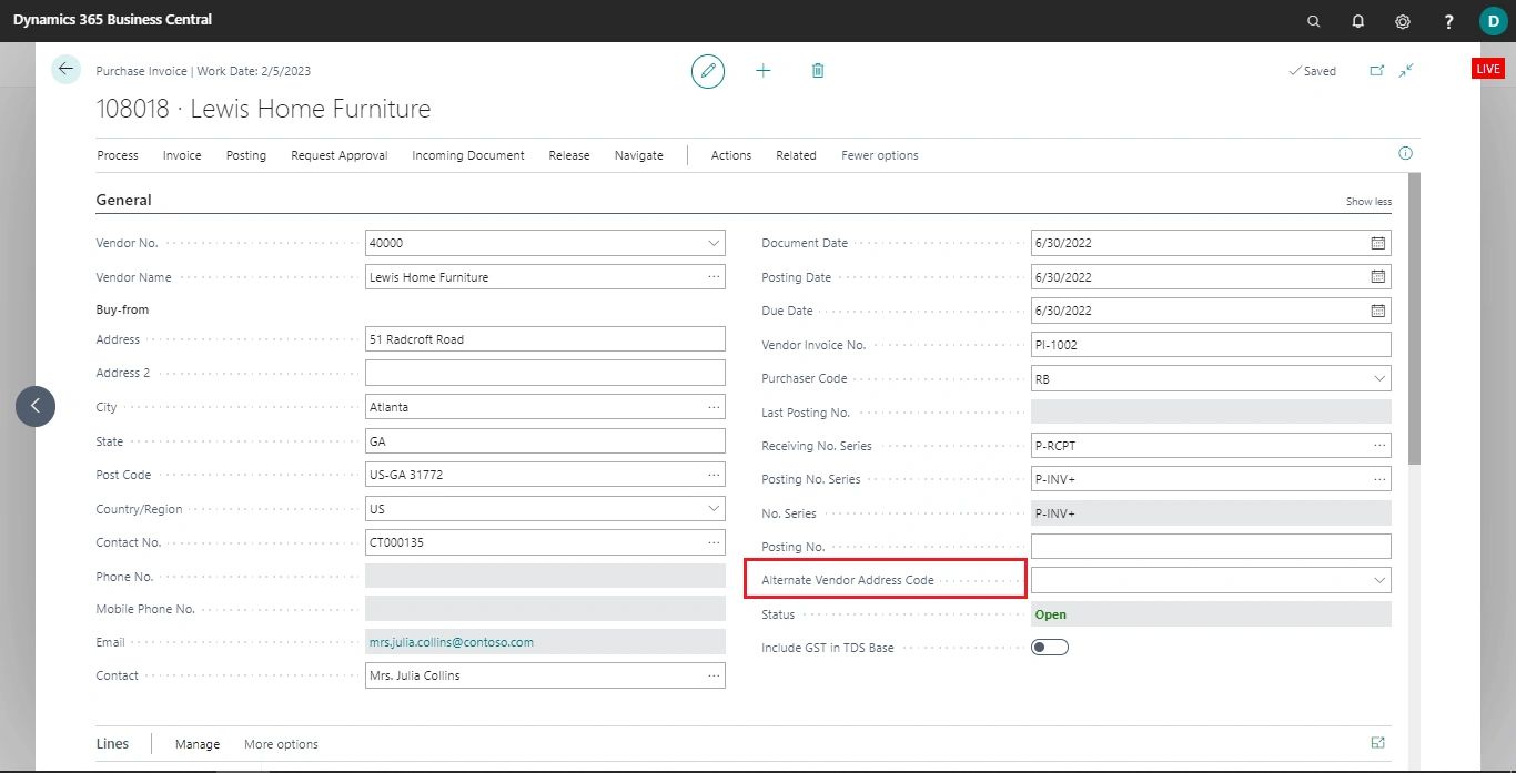"Alternate Vendor Address Code" in Purchase Invoice/Billing Page
