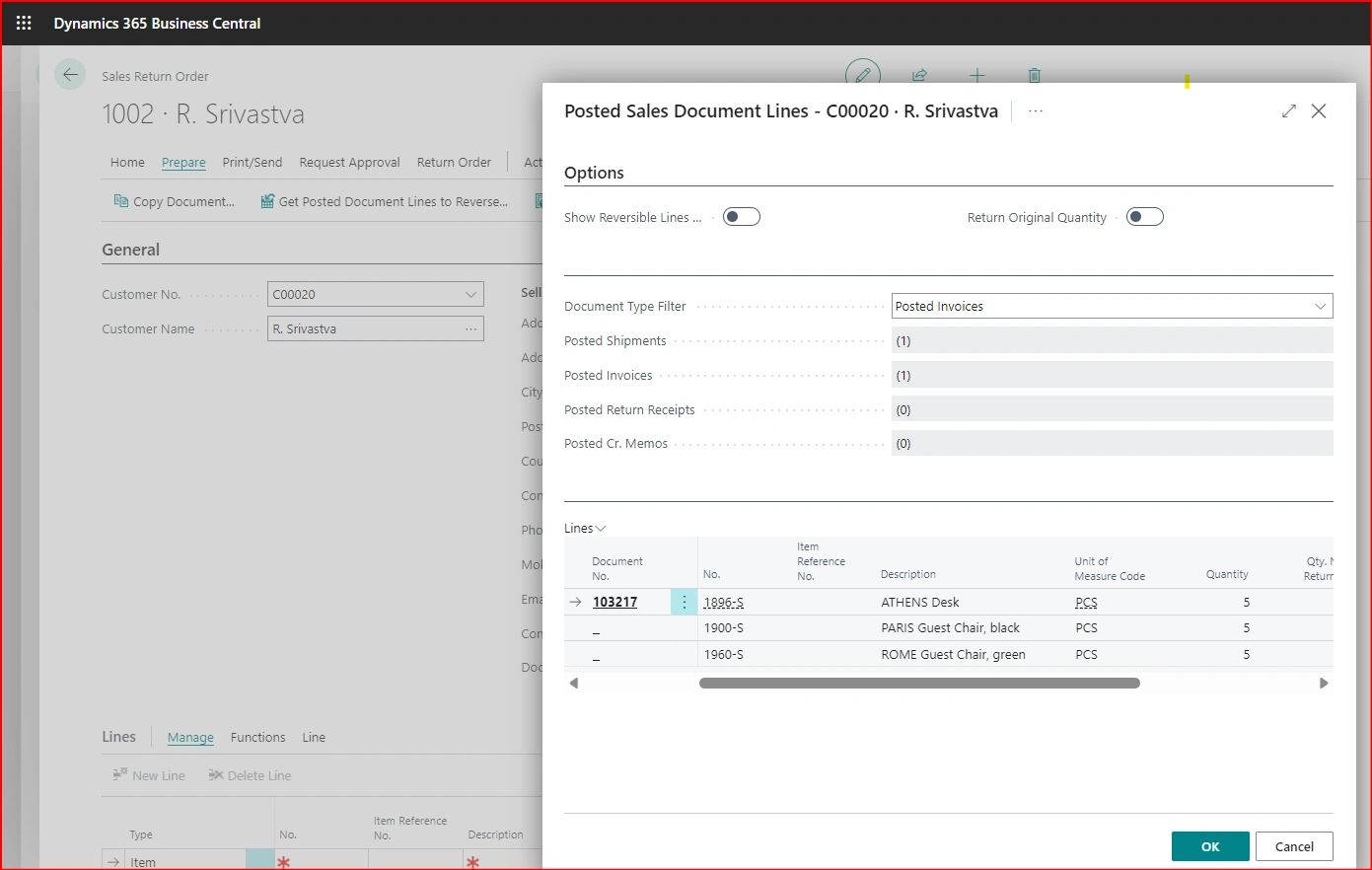 "Get Posted Document Lines to Reverse" function in D365BC.