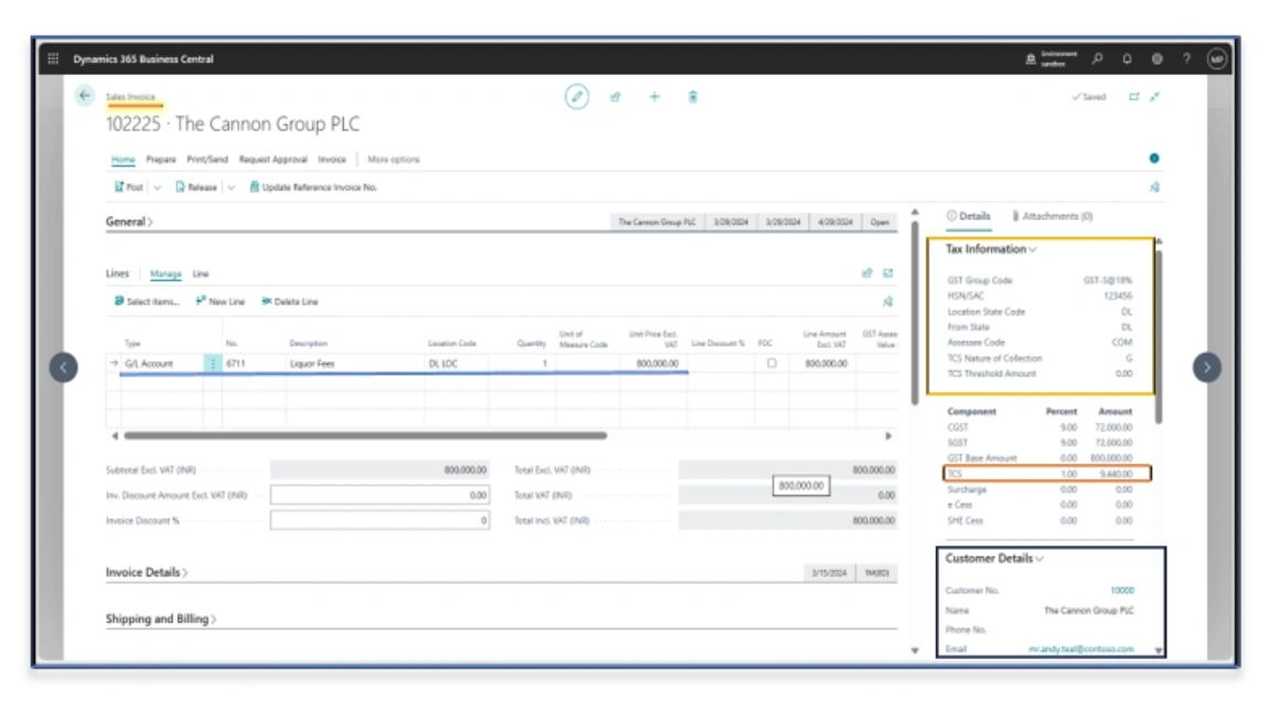 GST+TCS Sales Invoice in Dynamics 365 Business Central
