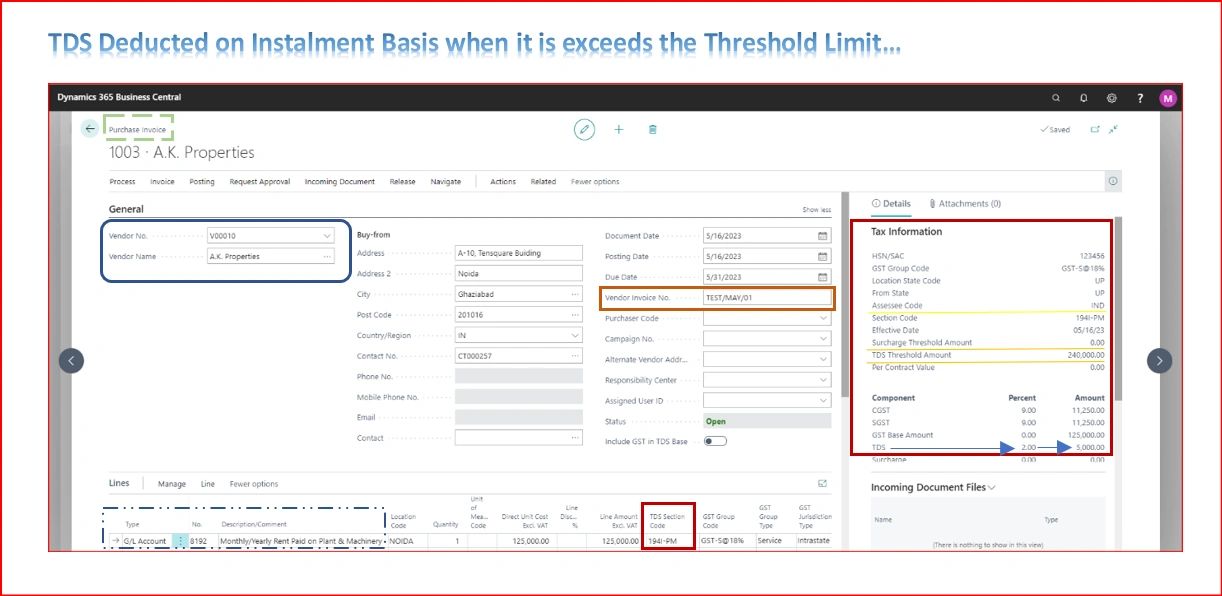 Rent Paid via. Installments+Deduction of TDS Amount (PL/MCH-194I)