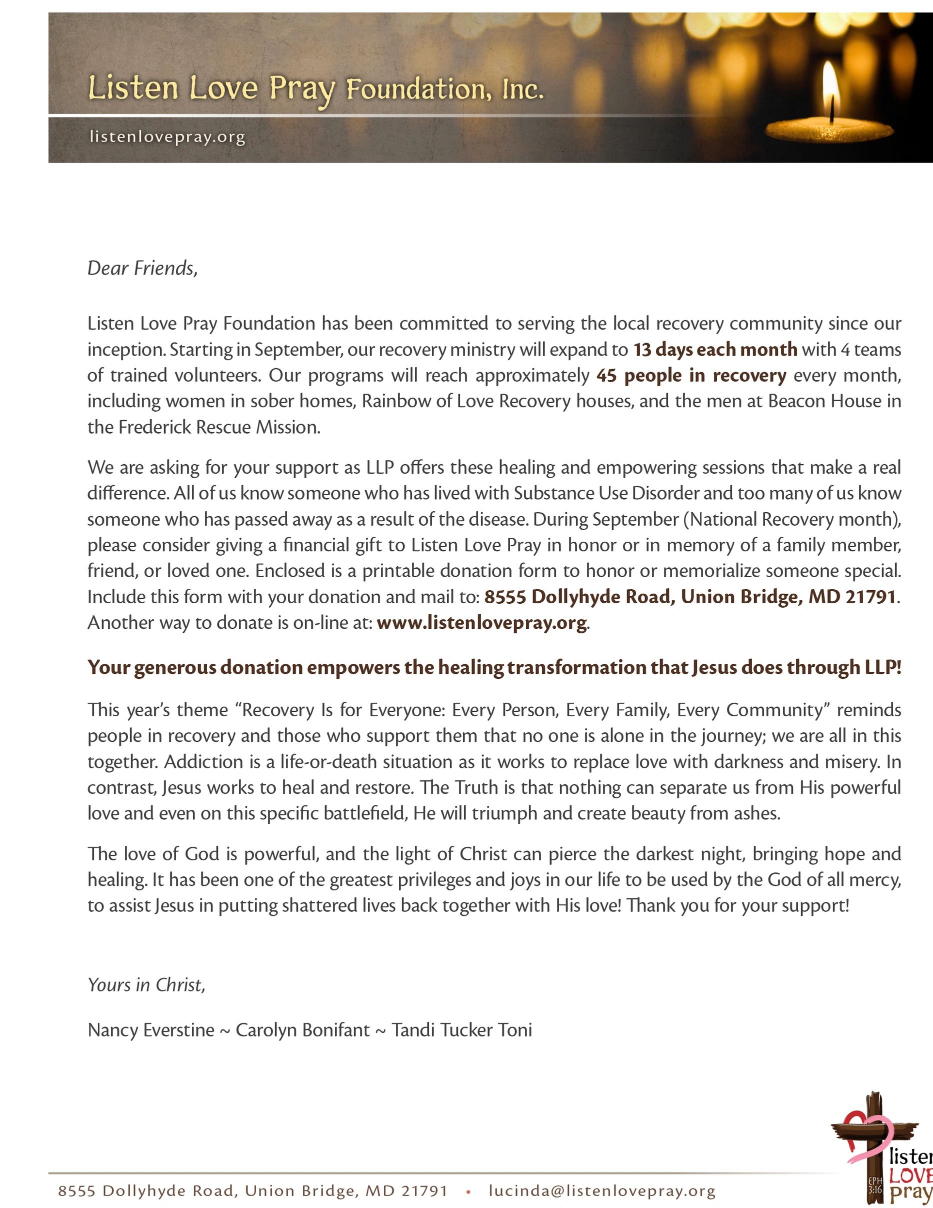 Memorial Donation Letter | Listen Love Pray Foundation