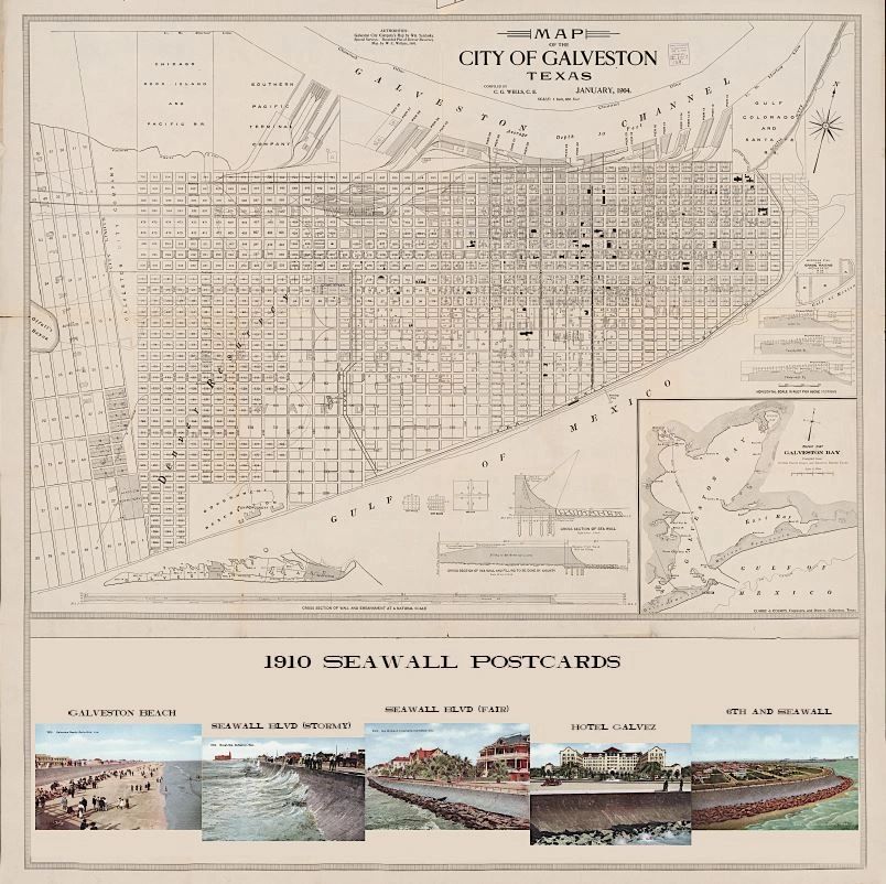 Galveston 1904 Seawall Map w/Seawall Postcards ca. 1910 24" X 24"