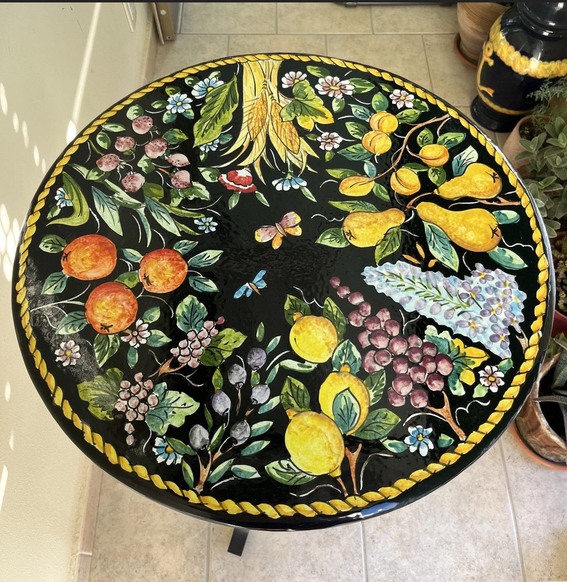 Italian Volcanic Outdoor Table With Iron Base black fruit Decorated Design