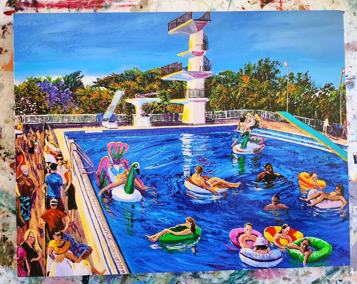 "Pool Party at Centenary" Block Print