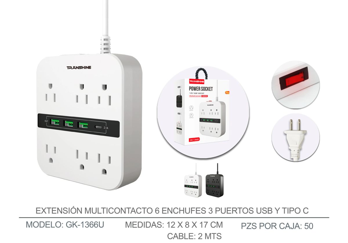 EXTENSI?N MULTICONTACTO 6 ENCHUFES 3 PUERTOS USB Y 1 TIPO C / GK-1366U