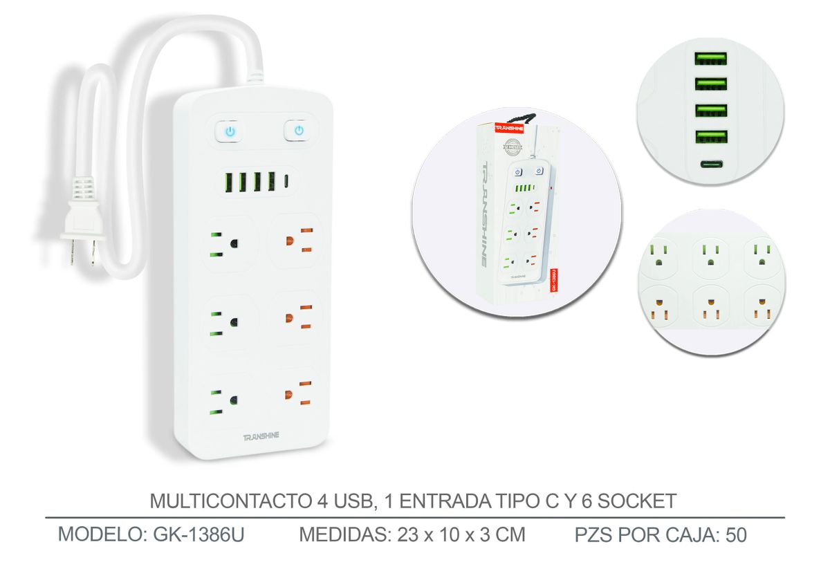 MULTICONTACTO 4 USB,1 ENTRADA TIPO C Y 6 SOCKET/GK-1386U