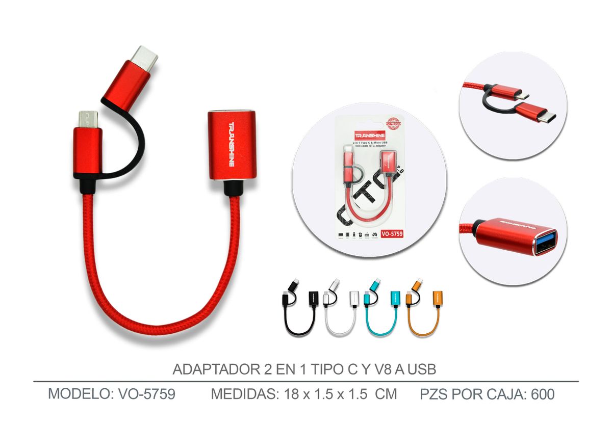 ADAPTADOR 2 EN 1 TIPO C Y V8 A USB/VO-5759