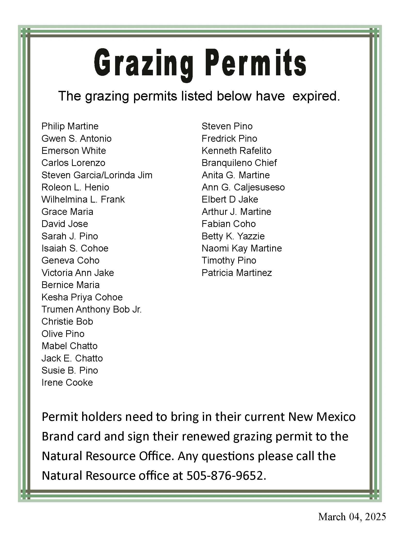 Expired Ramah Navajo Grazing Permits- Contact Natural Resources