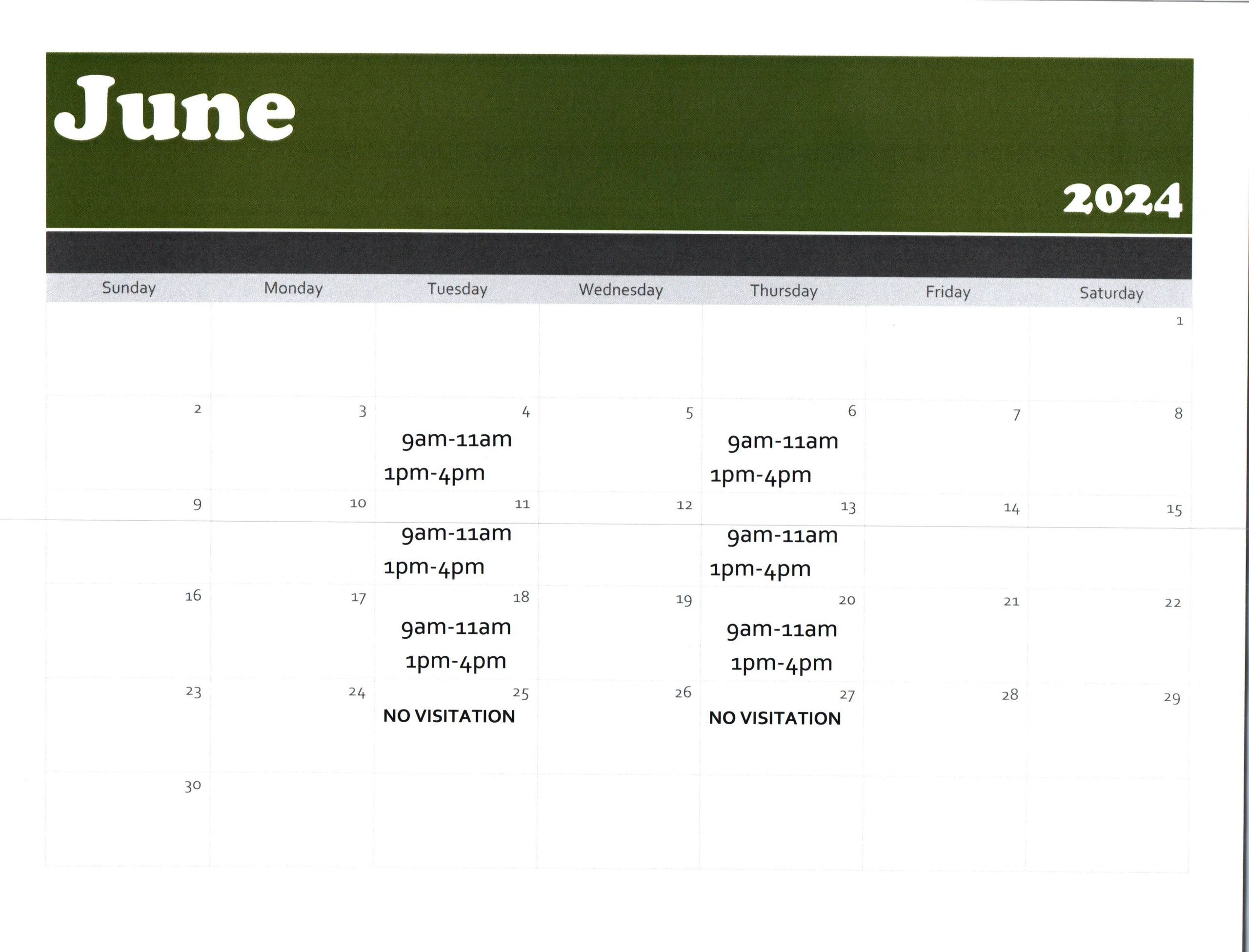 Inmate Visitation Schedule | June 2024