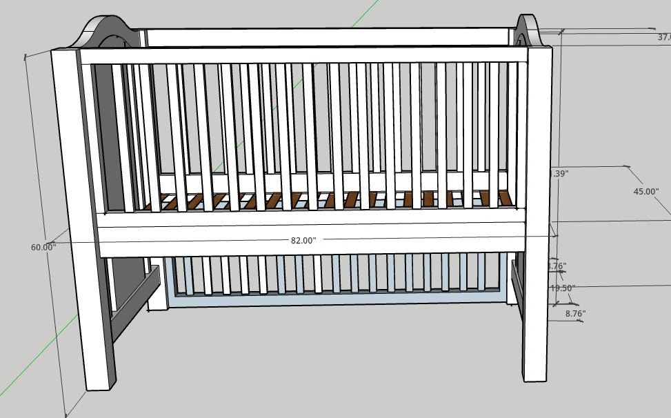 Deluxe twin sized crib with pup bottom drop rail.