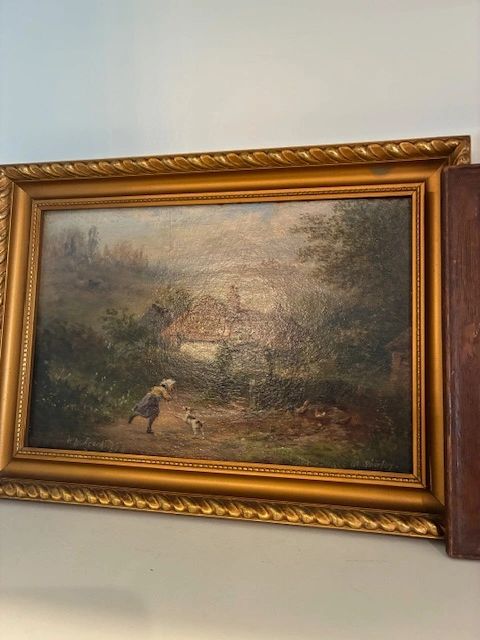Oil Painting "Old Cottage at Shirley" with Dog