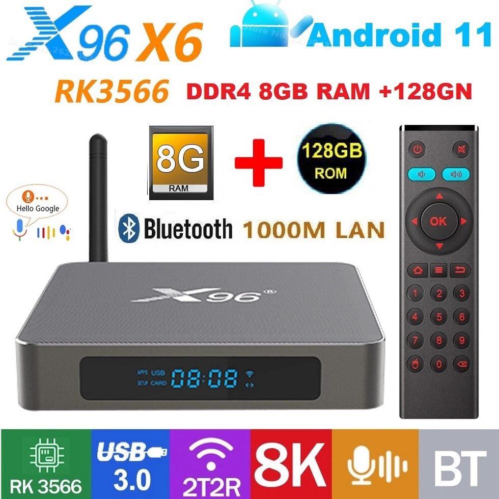 Powerful DDR4 8GB RAM + 128GB ROM X96 X6 TV Box Android 11 RK3566 Dual Wifi 1000M Media Player ...
