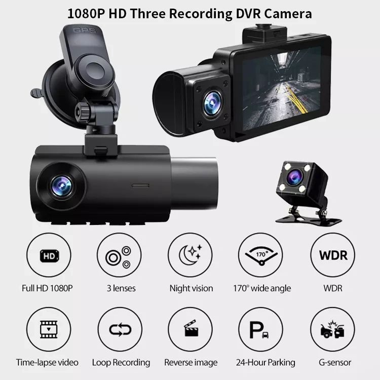 3 Lens Dash Cam 3 Camera Recorder 3 Inch Screen Video DVR HD Car Black ...