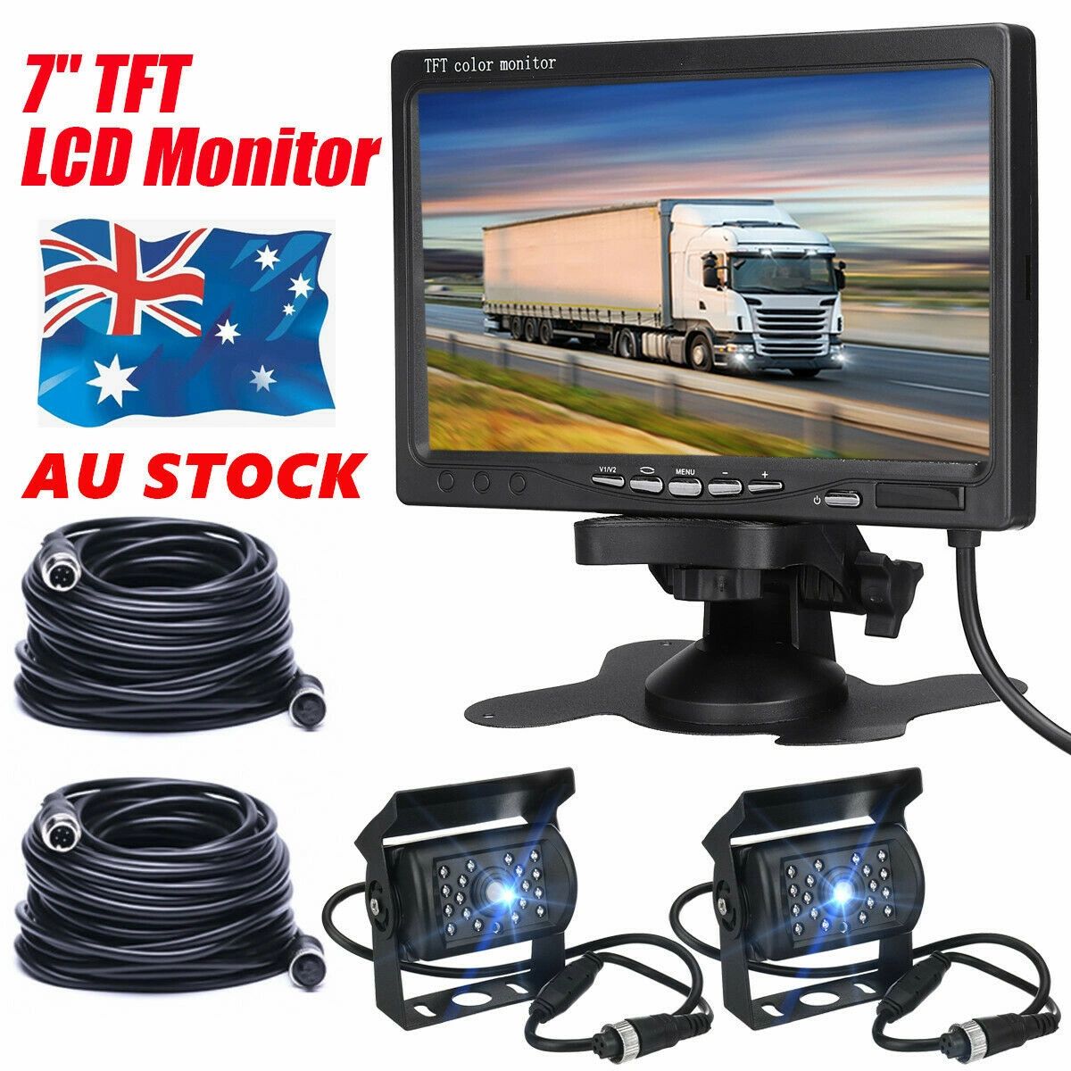 12V/24V 7" Car Rear View LCD Monitor+2 x Reversing Camera Kit For Bus Truck