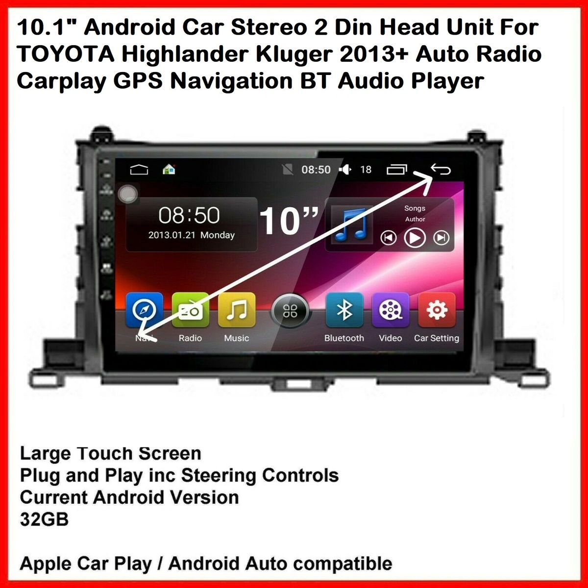 New 10.1" Android Car Stereo carplay Head Unit For TOYOTA Highlander ...