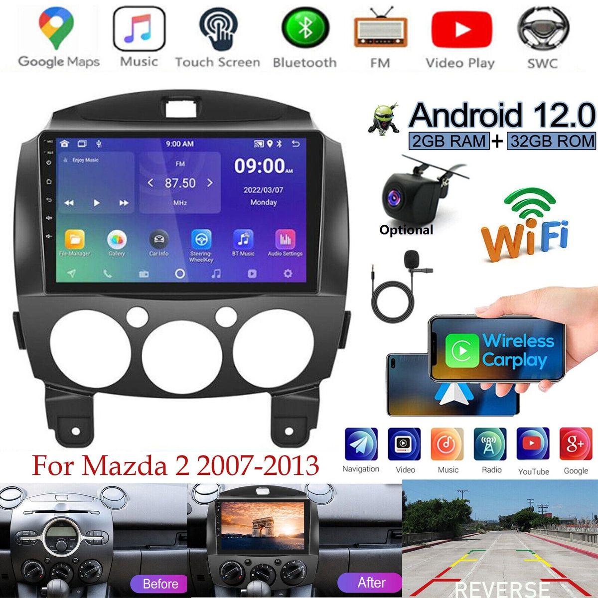 For Mazda 2 07 - 2014 Carplay 32GB Android 12 Car Stereo Radio GPS NAVI ...