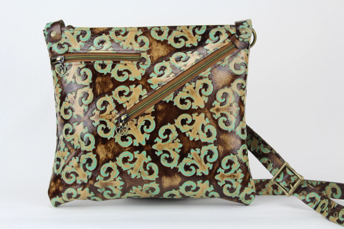 Handmade Turquoise & Brown Baroque Embossed Crossbody Handbag