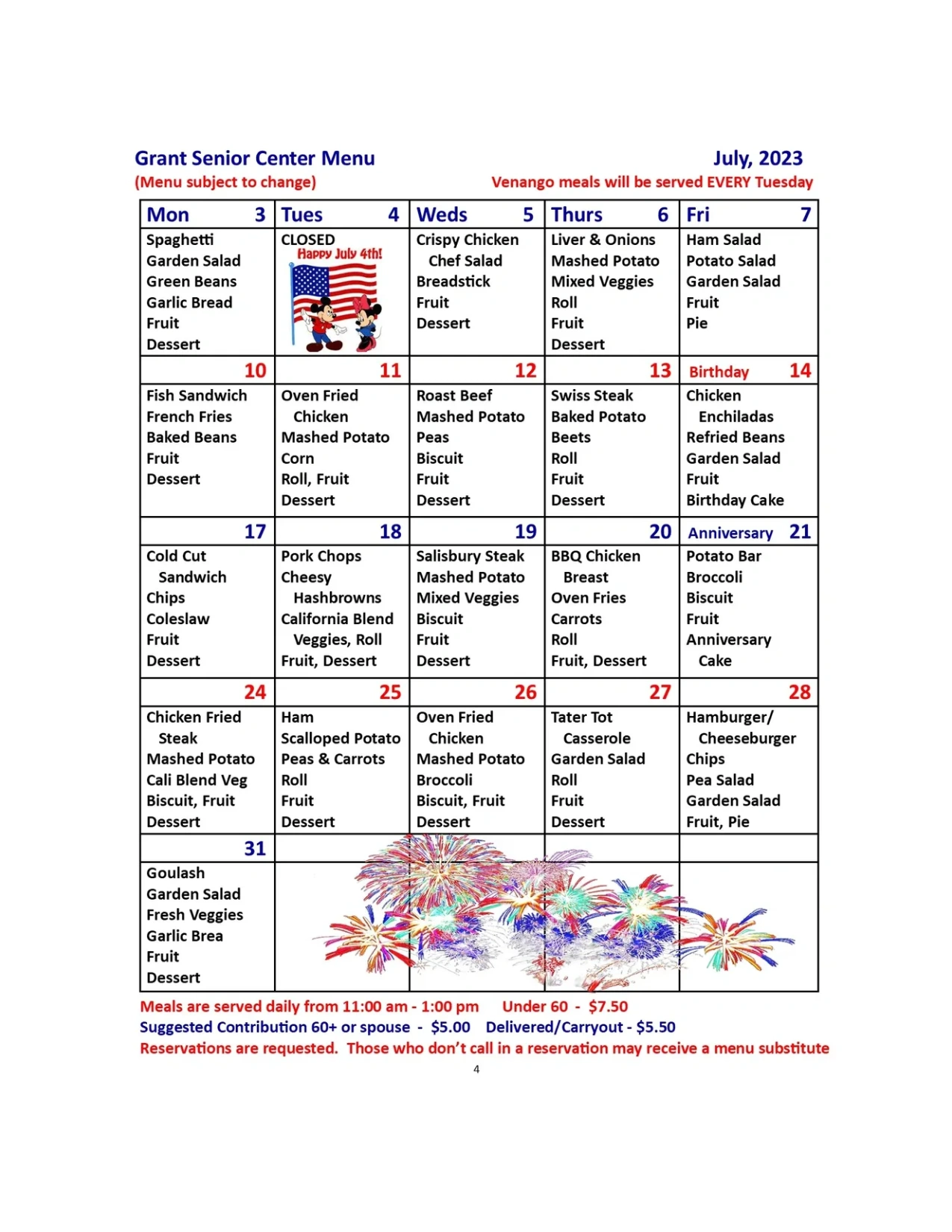 Meal Menu and Events