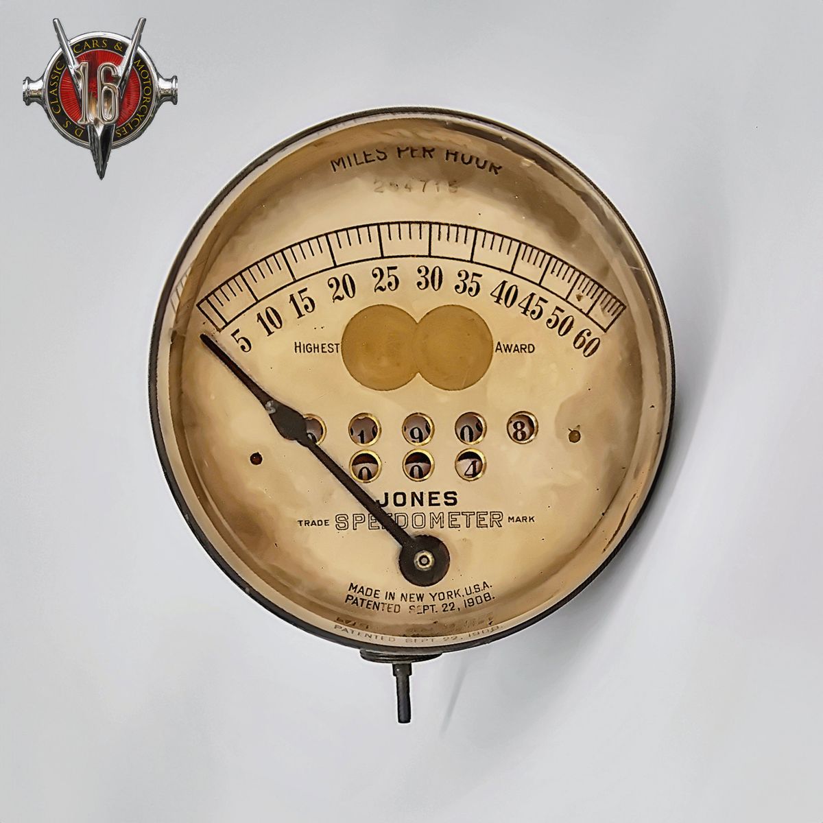 Antique 1908 Jones Brass Dashmount Speedometer with Bracket