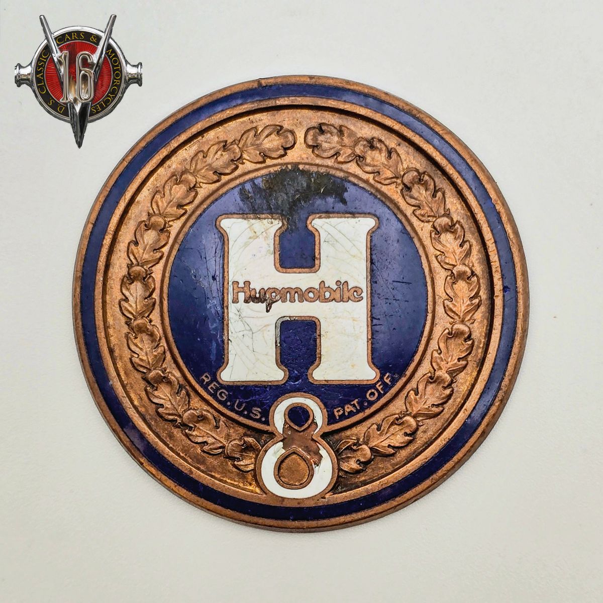 Vintage Brass & Cloisonne Early Hupmobile 8 Radiator Badge Emblem