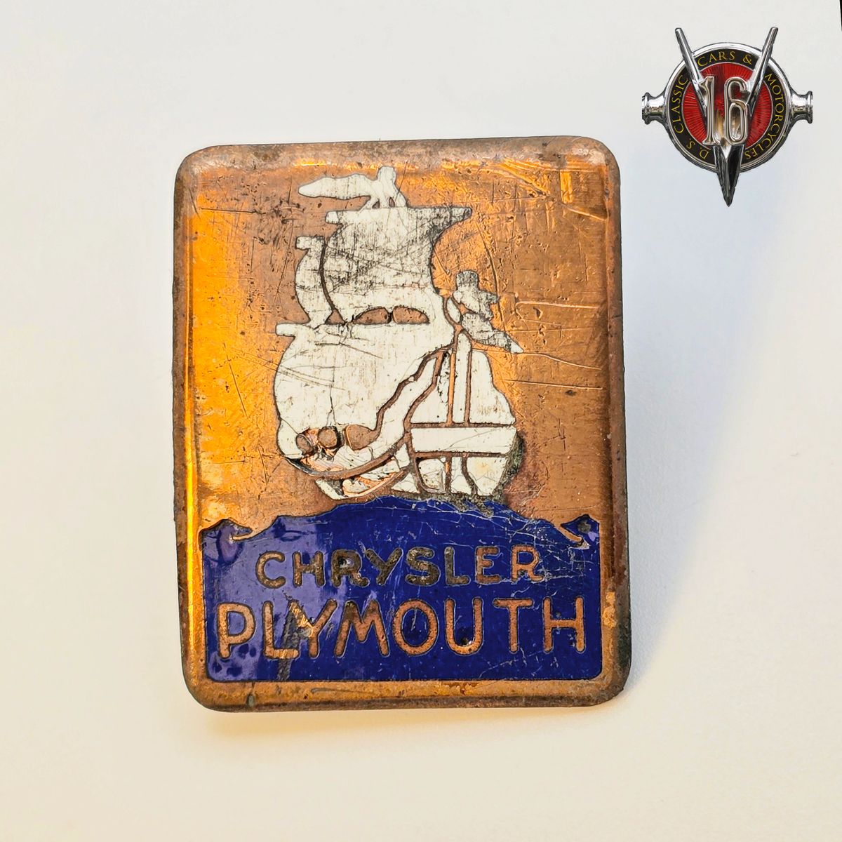 Vintage Brass & Cloisonne Early Chrysler Plymouth Radiator Badge Emblem