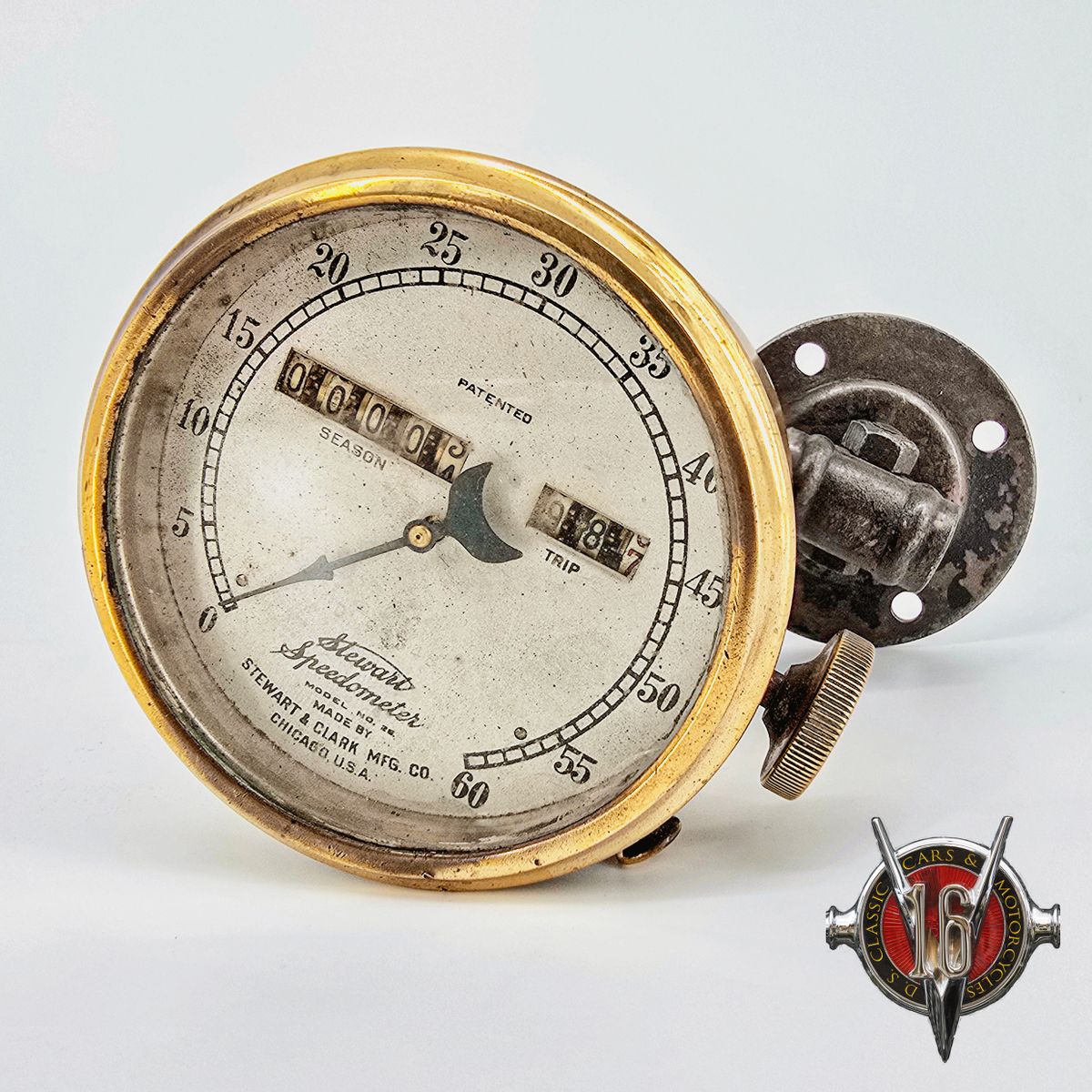 Early Brass Stewart & Clark Mfg. Co. Model 25 Speedometer with Mount c ...