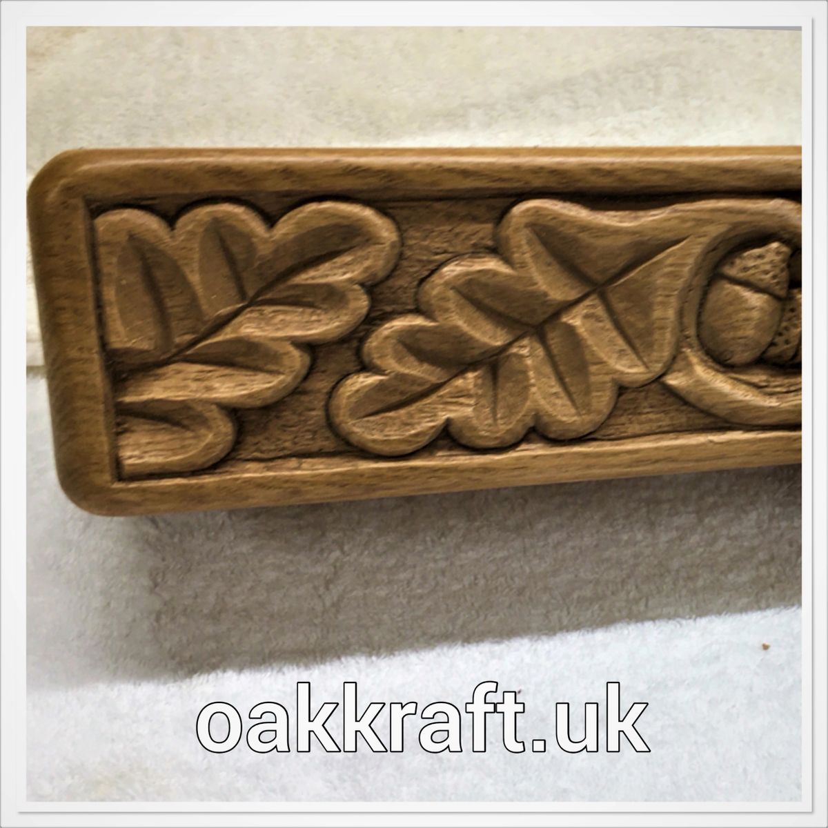 Hand Carved Oak Leaf And Acorn Design. Beam. Mantel. Floating Shelf.