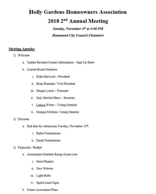 MEETING AGENDA | Holly Gardens HOA