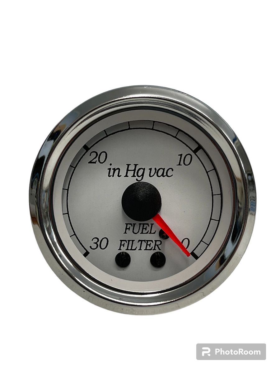 Heritage White FUEL FILTER Mechanical Full Sweep 0-30Hg 52mm 12 volt Gold