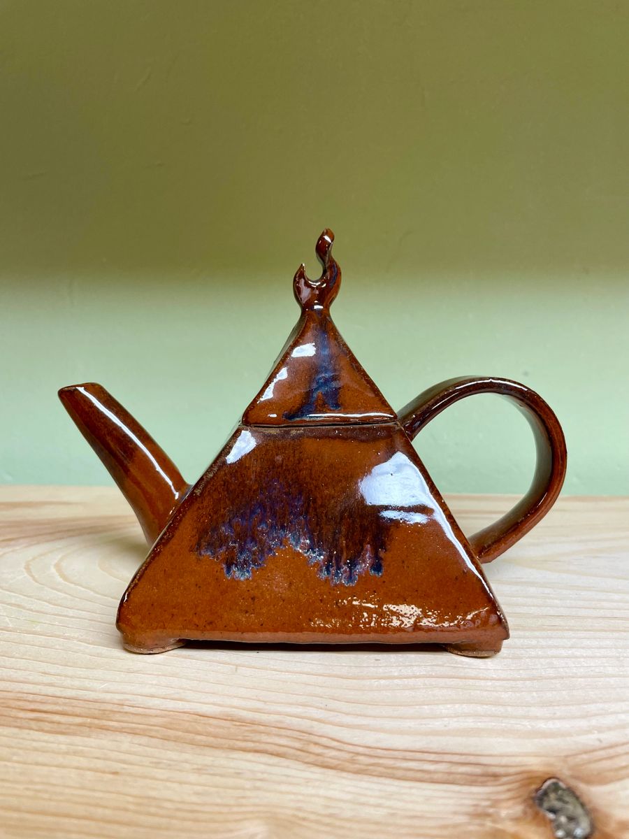 Rust and Cobalt Blue Glazed Ceramic Pyramid Teapot